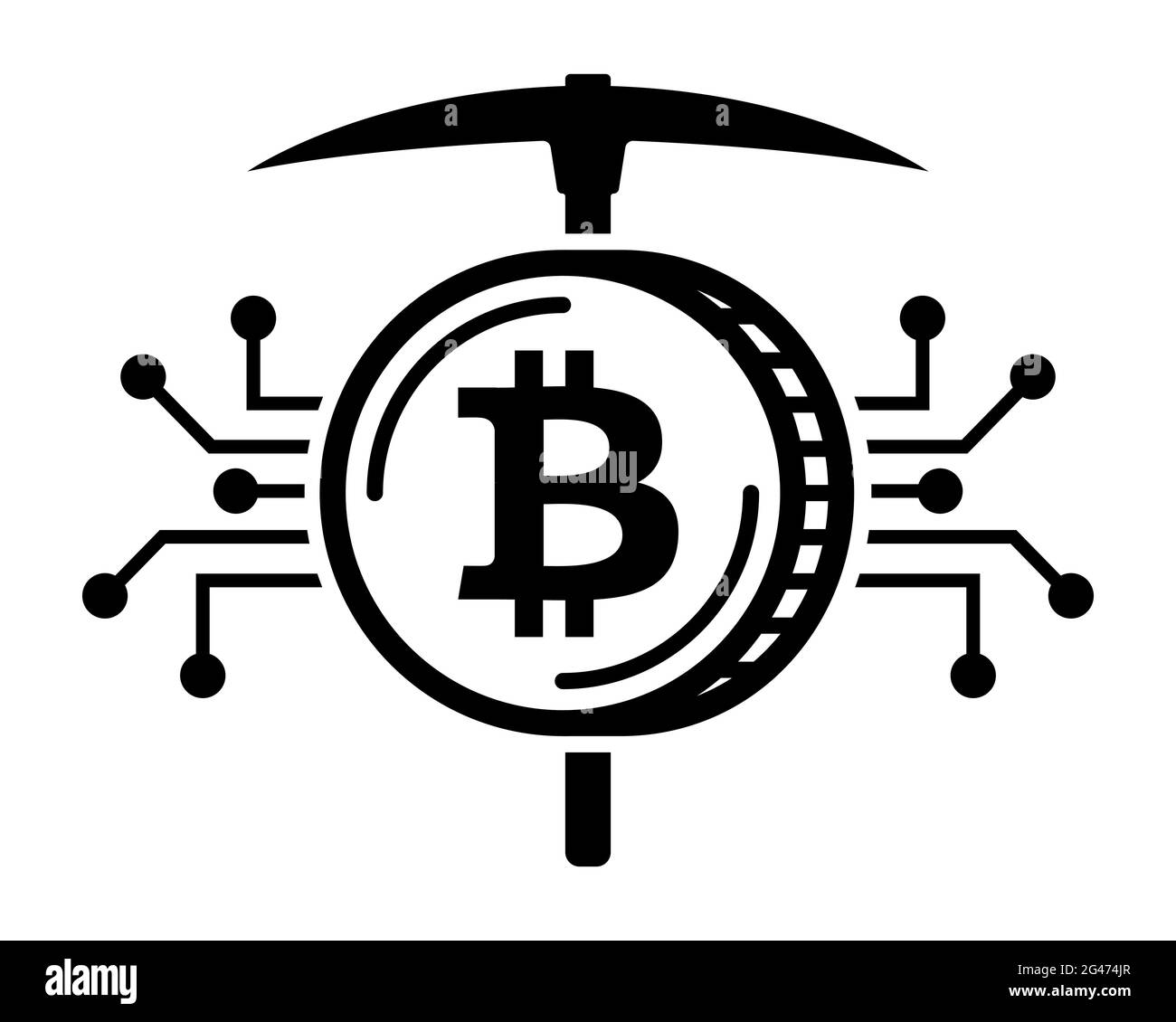 Crypto mining bitcoin circuit and pickaxe symbol for cryptocurrency blockchain miner vector ...