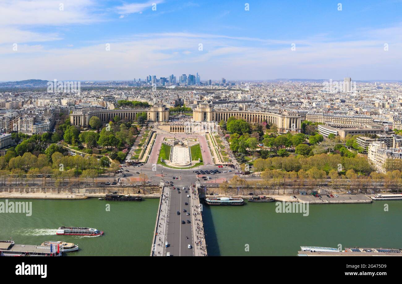 Aerial view of Paris city and Seine river from Eiffel Tower. France ...