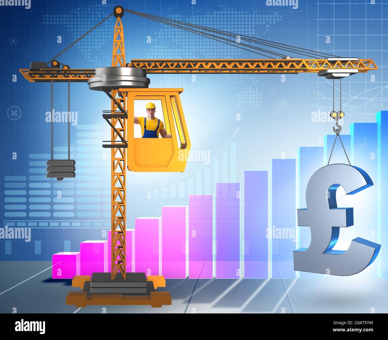 Construction crane lifting british pound in currency business concept ...