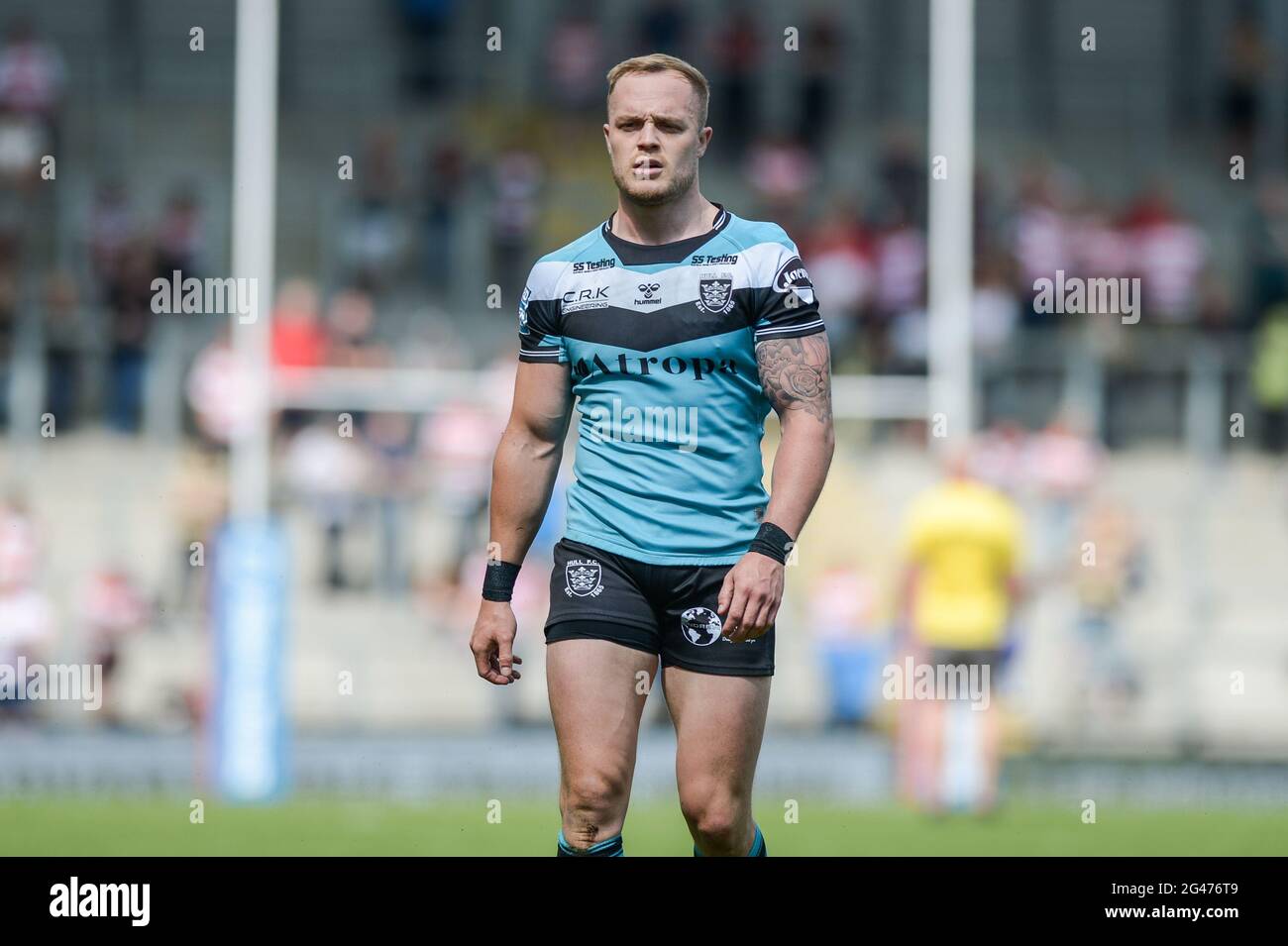 Leigh, UK. 19 June 2021. Try scorer Adam Swift (21) of Hull FC during ...