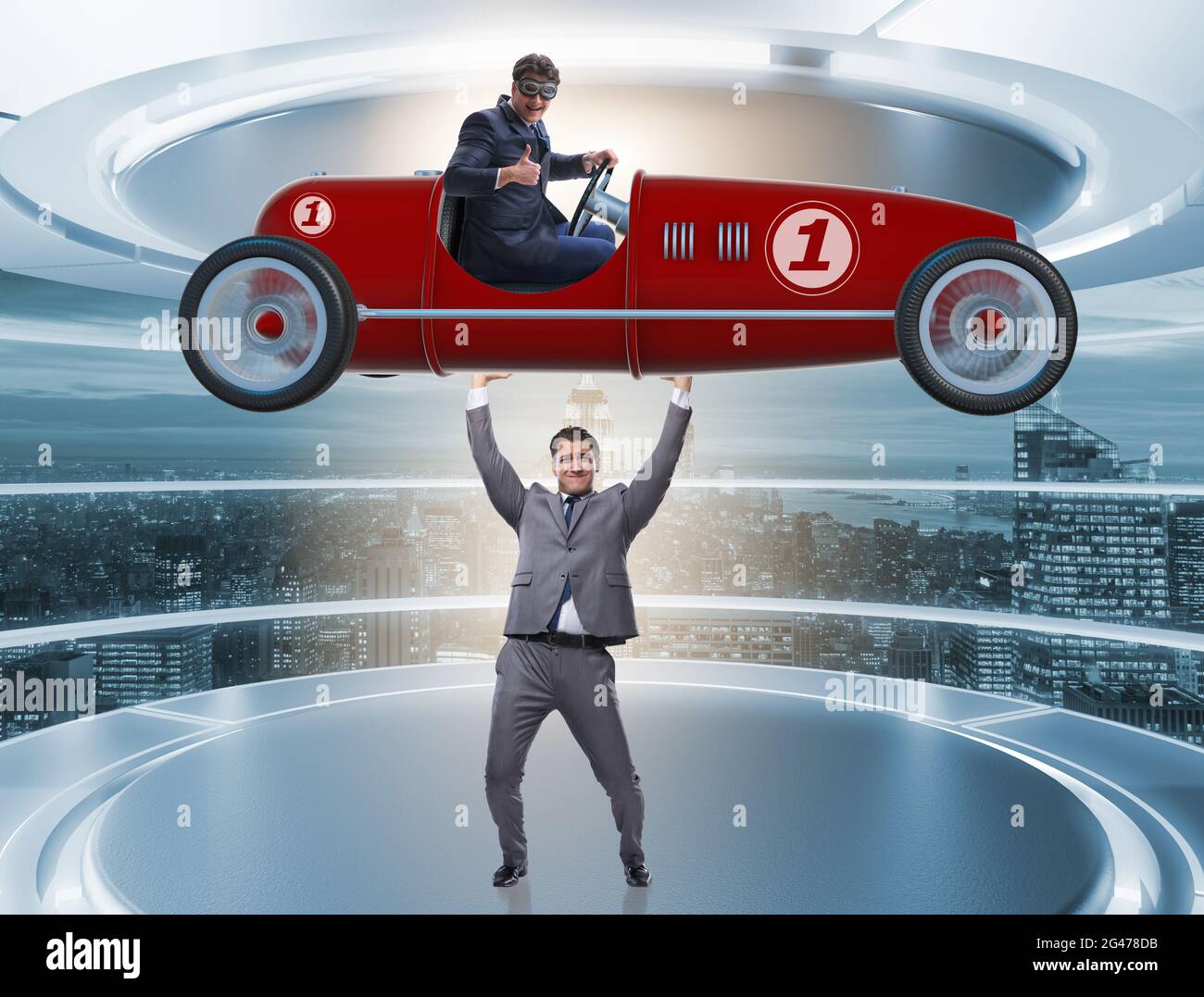The businessman lifting sports car in power concept Stock Photo - Alamy