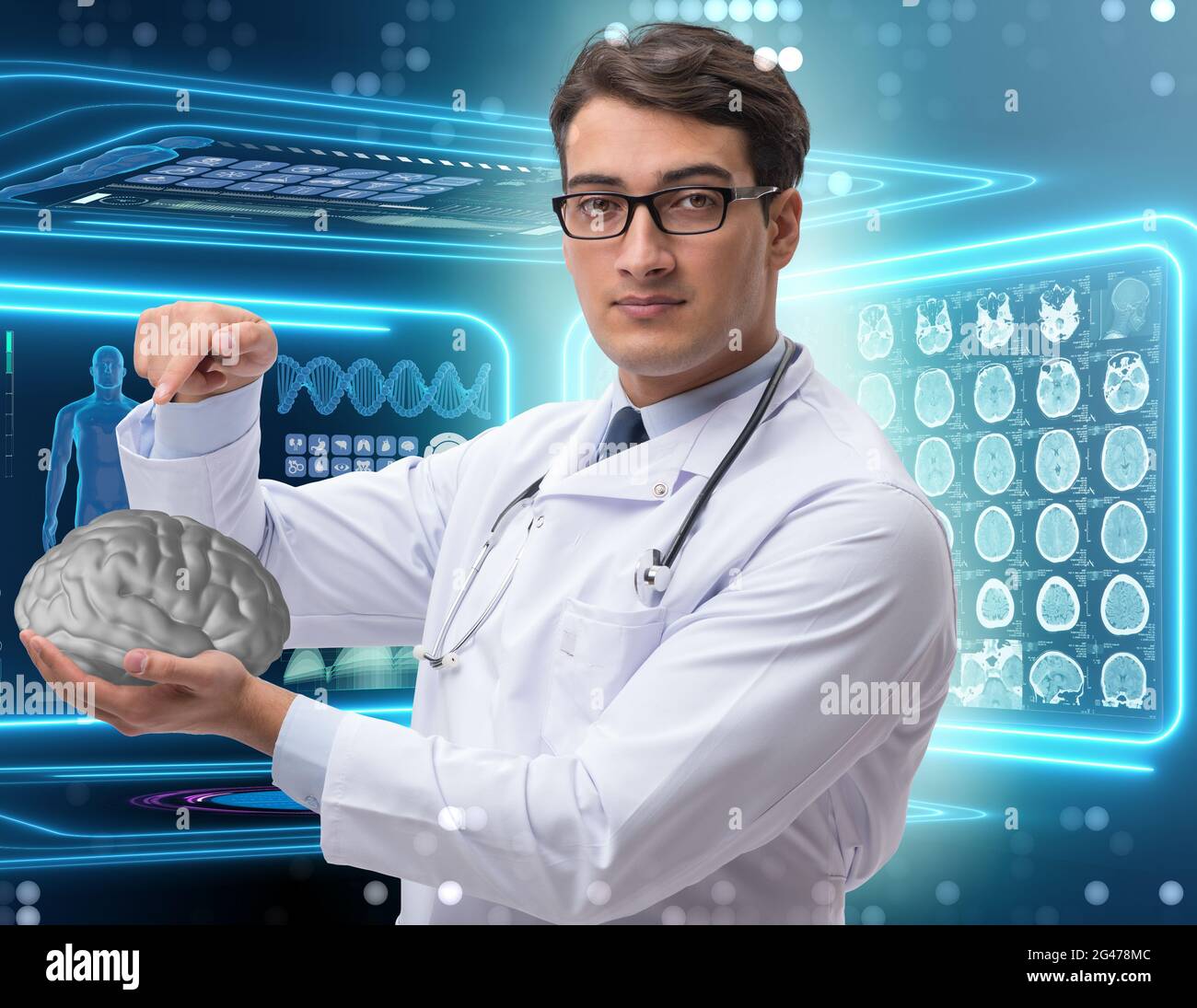 The male doctor with the brain in medical concept Stock Photo - Alamy
