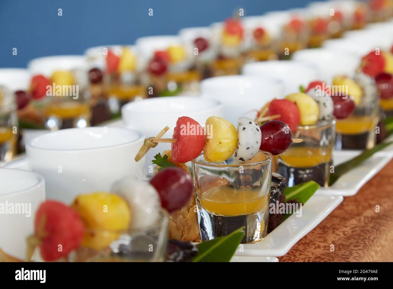 Coffe break with fruits and snacks Stock Photo - Alamy