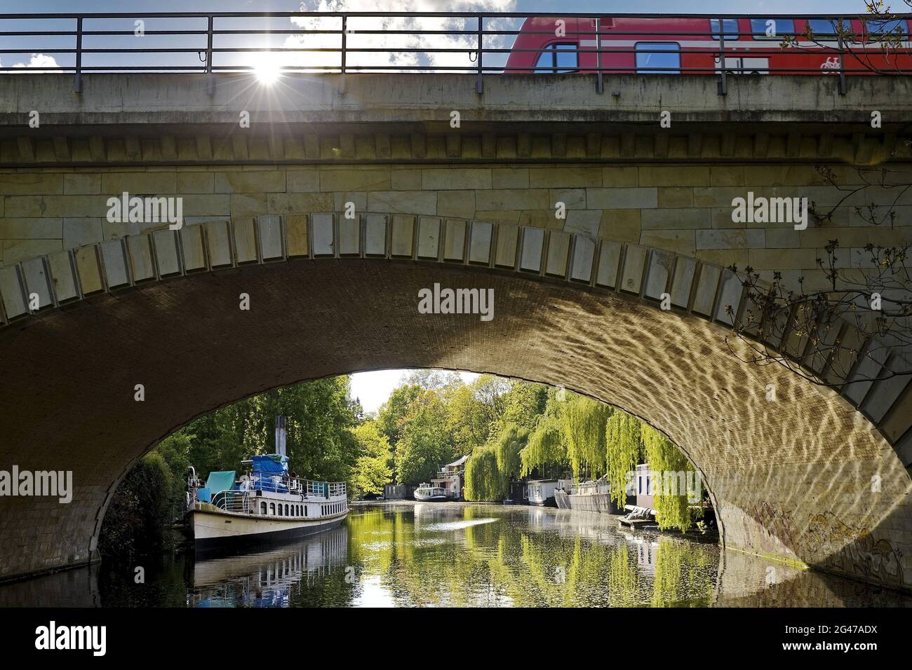 Landwehr Canal Lower Lock with viaduct and local train, Tiergarten ...