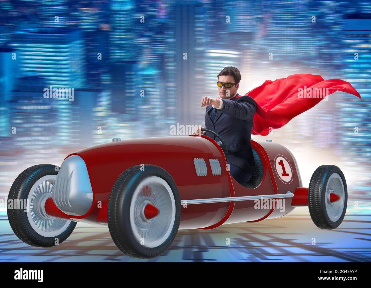 The superhero businessman driving vintage roadster Stock Photo - Alamy