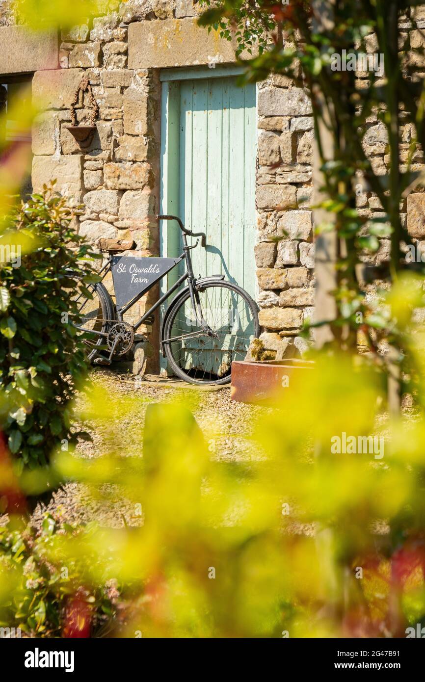 rustic scene of old bicycle on Northumberland farm Stock Photo - Alamy