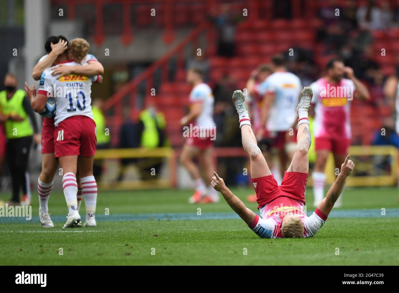 Tyrone Green of Harlequins Rugby celebrates falling to the floor ...