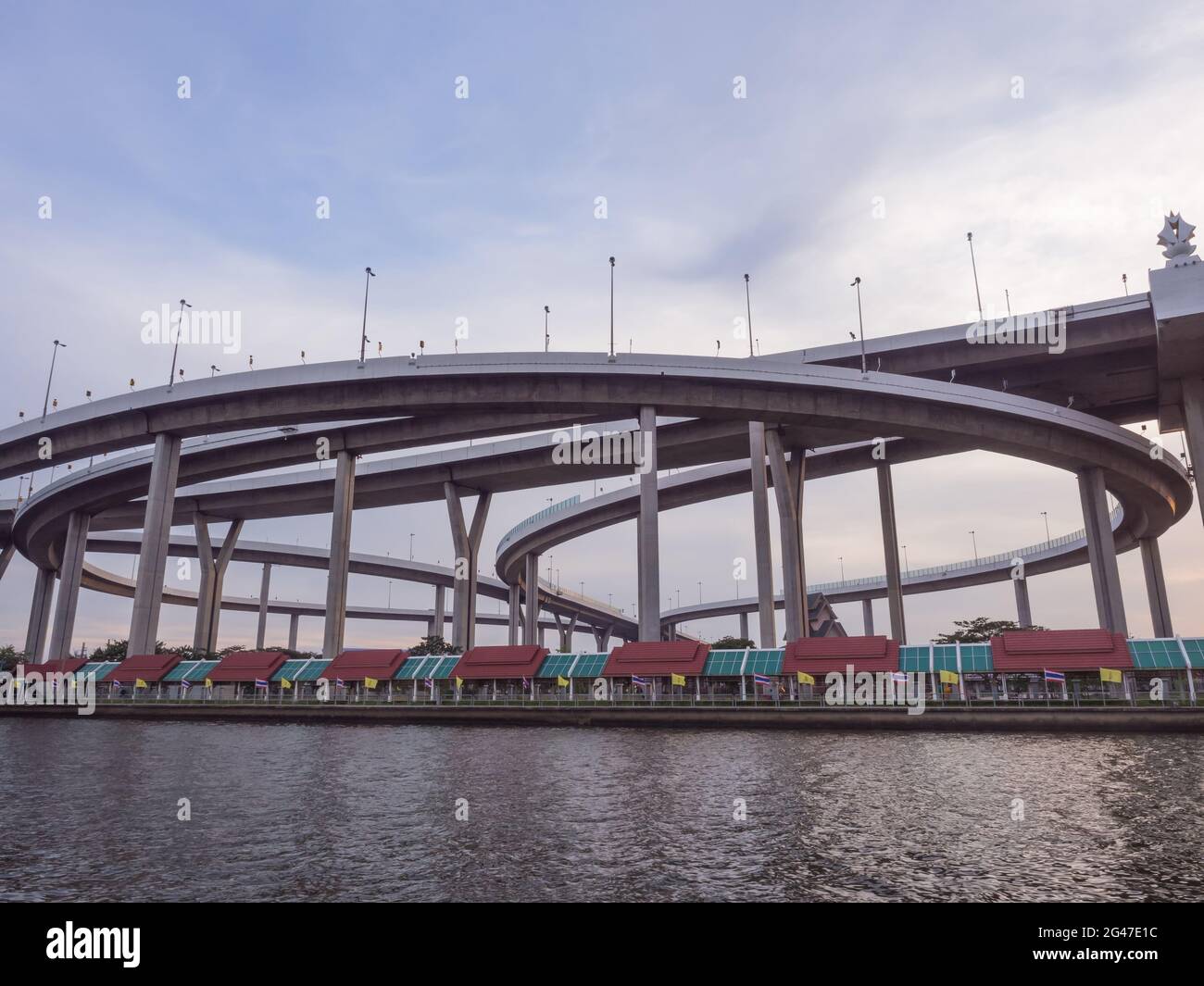 Industrial ring bridges, known as Bhumibhol bridges, over Chaophraya ...