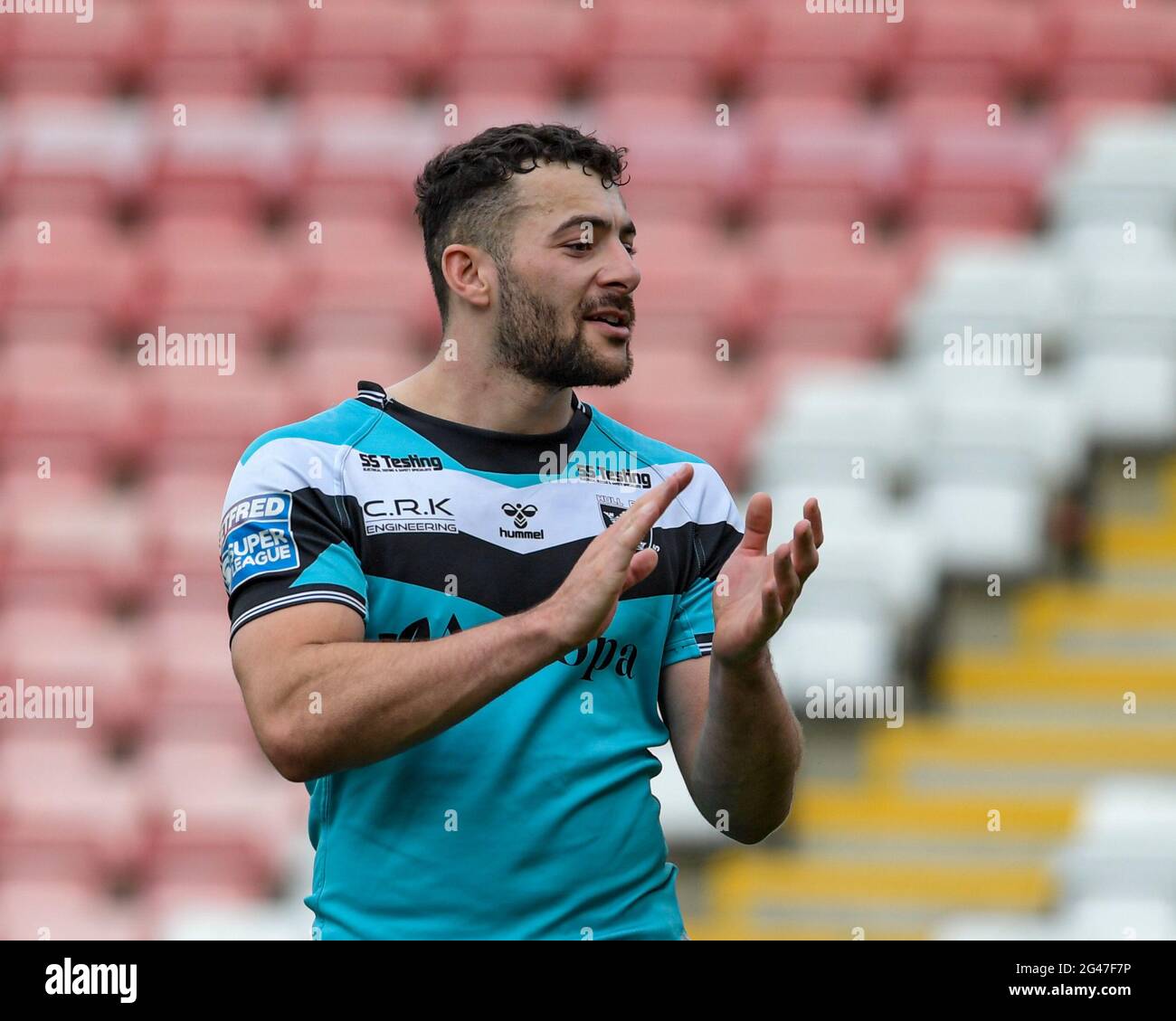 Jake Connor (1) of Hull FC applauds the travelling supporters at the ...