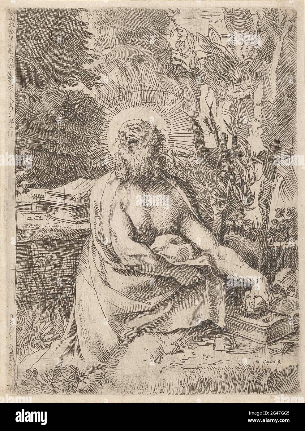 The holy hieronymus in the wilderness. Saint Hieronymus is kneeling in ...