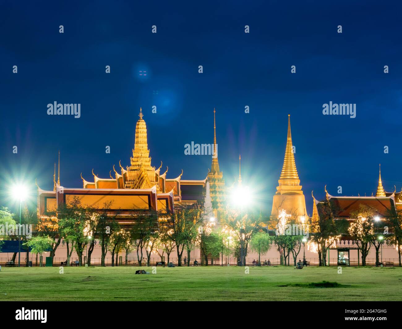 Outside beautiful landmark view of The Grand Emerald temple in Bangkok, Thailand with night ...