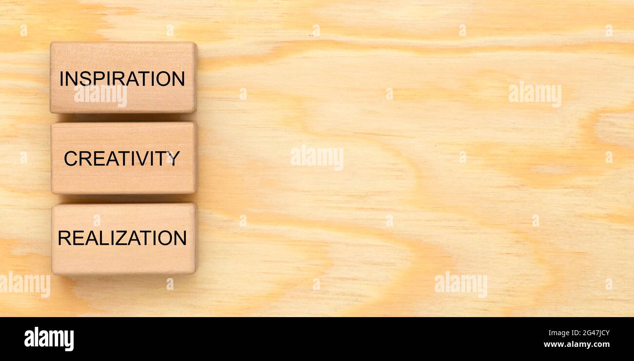 inspiration, creativity and realization written on three pillars Stock ...