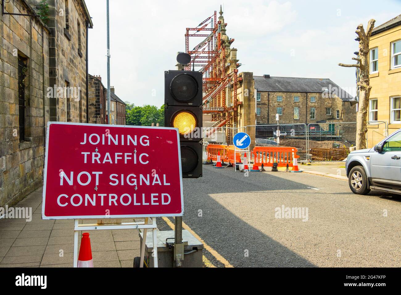 traffic sign and traffic controlled lights at roadworks in Hexham by ...