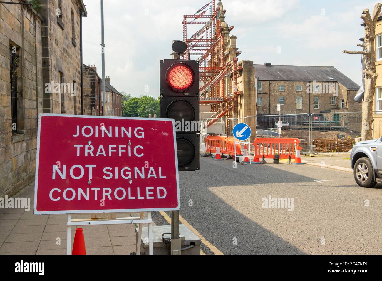 traffic sign and traffic controlled lights at roadworks in Hexham by ...