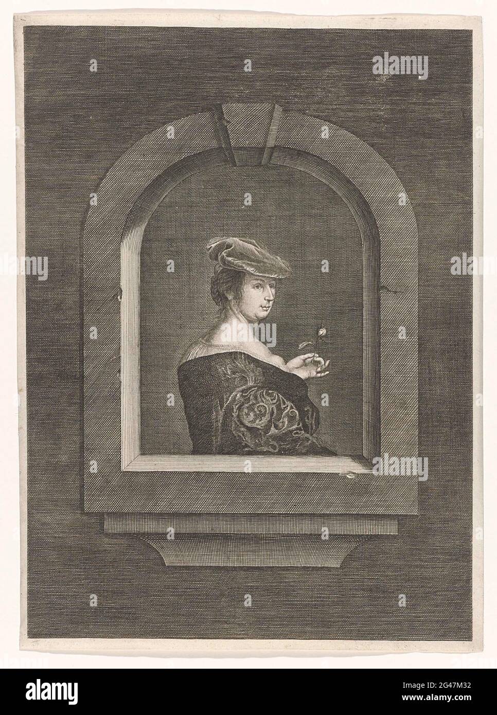 Lady with beret and dress with cleavage in window. Lady with beret and ...