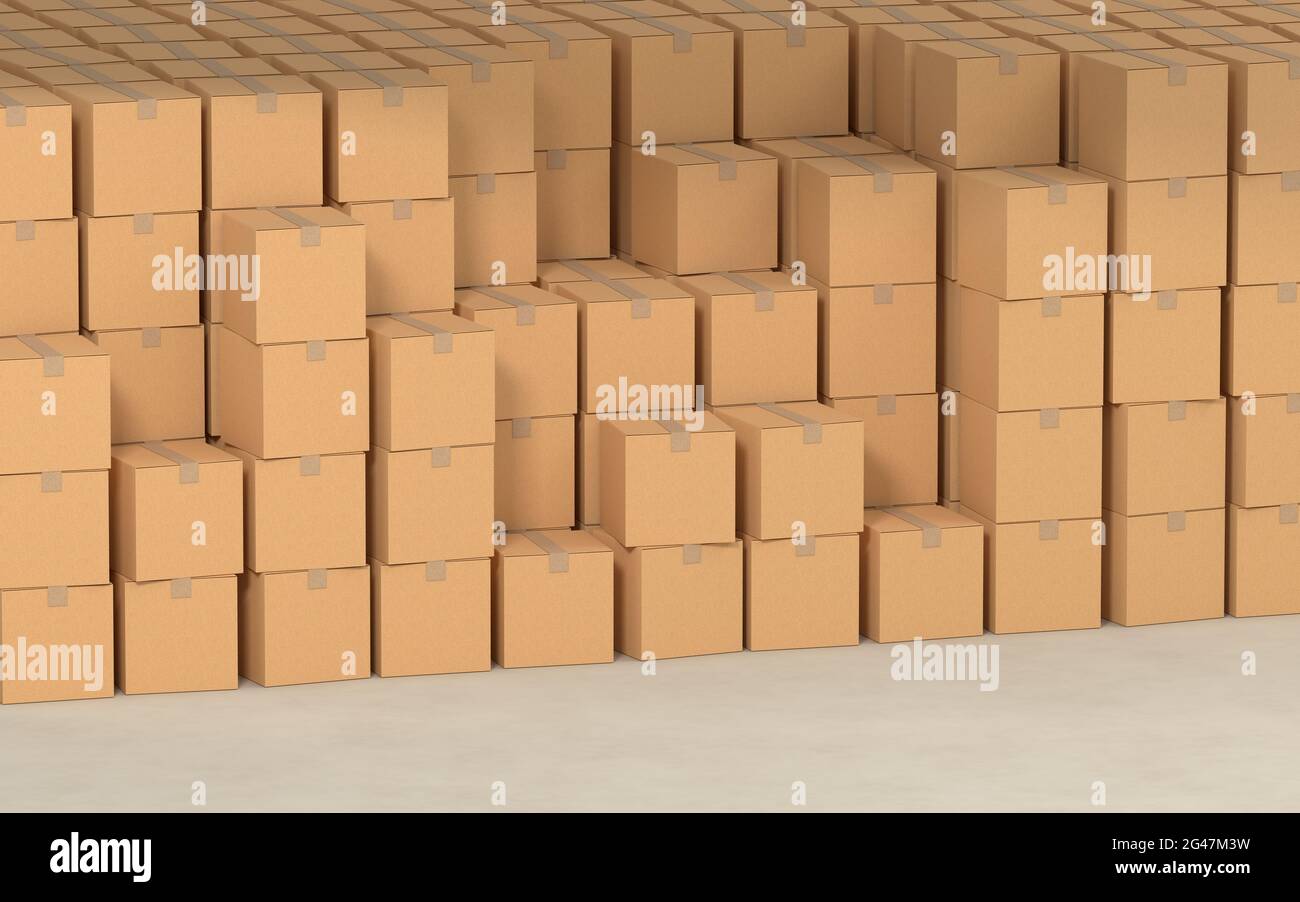 Cartons stacked together, factory warehouse, 3d rendering. Computer ...