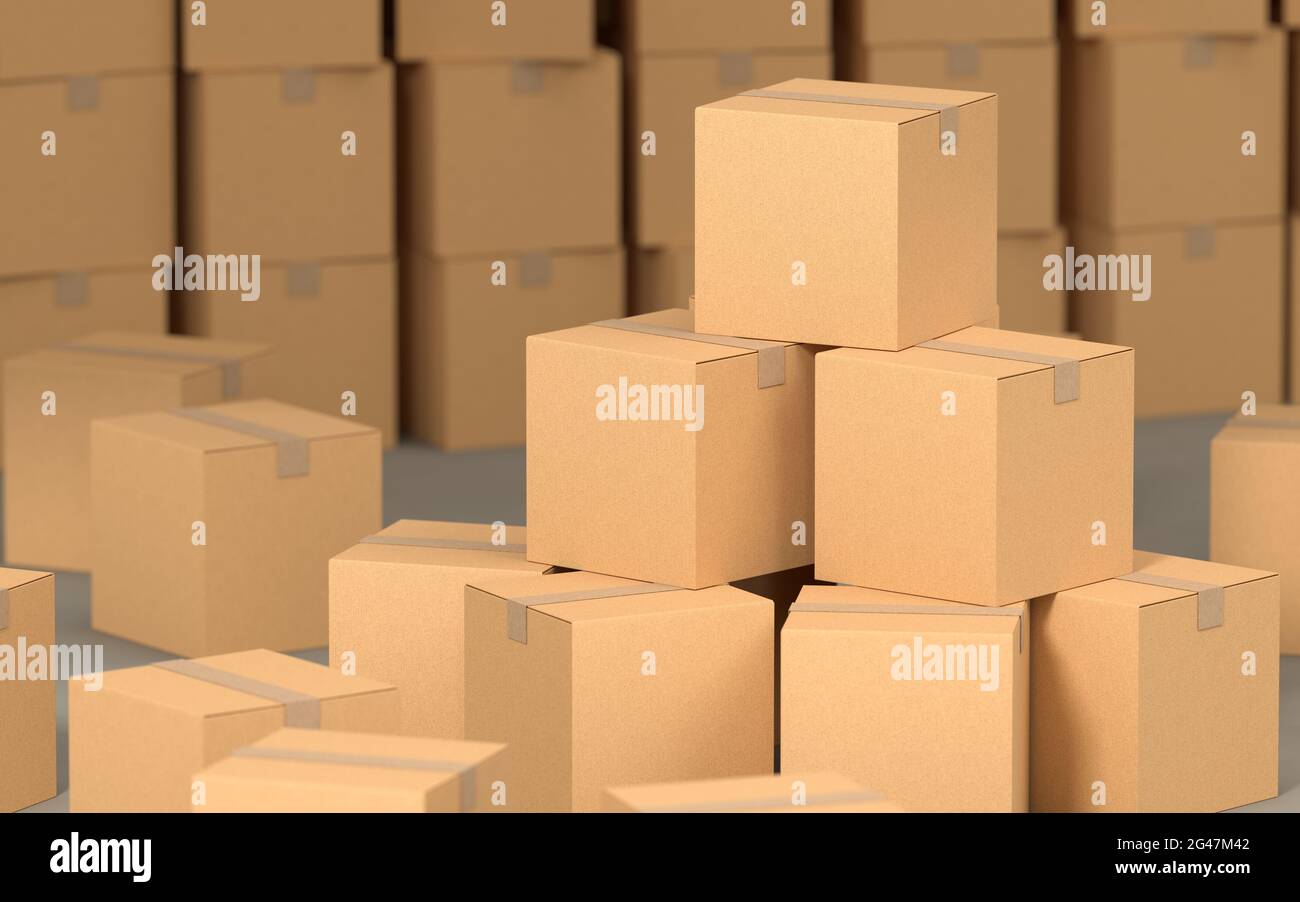 Cartons stacked together, factory warehouse, 3d rendering. Computer ...