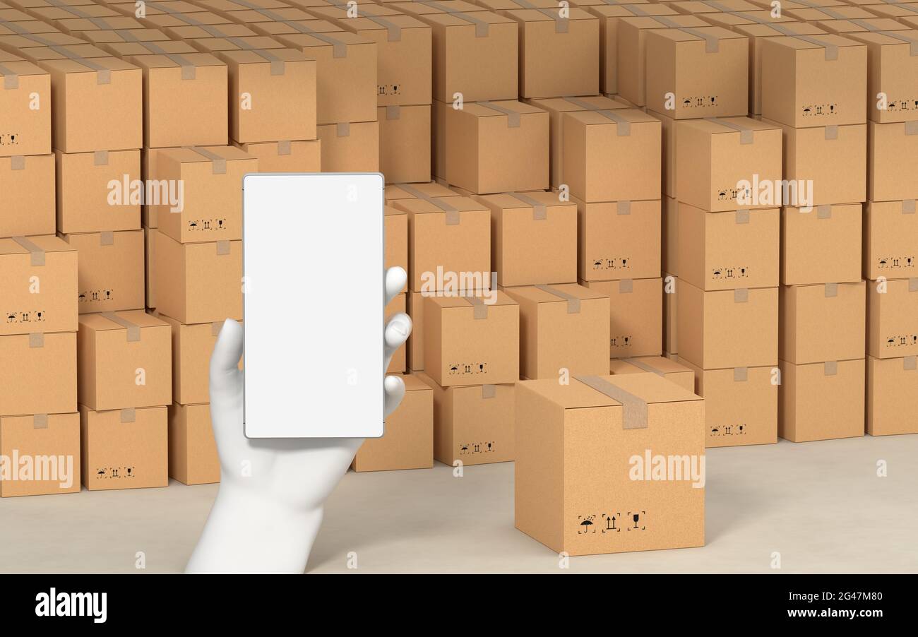 Stacked cardboard box with operating mobile phone, 3d rendering ...