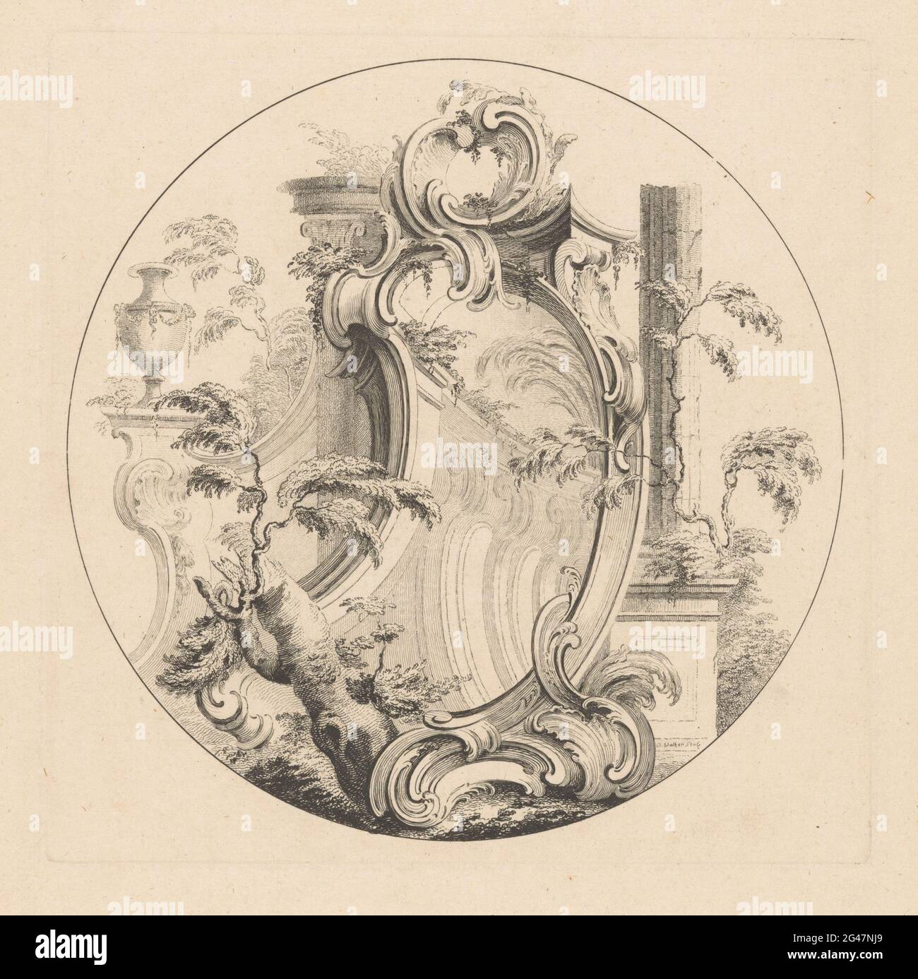 Cartouche in landscape with columns; Cartouches in landscapes. A ...