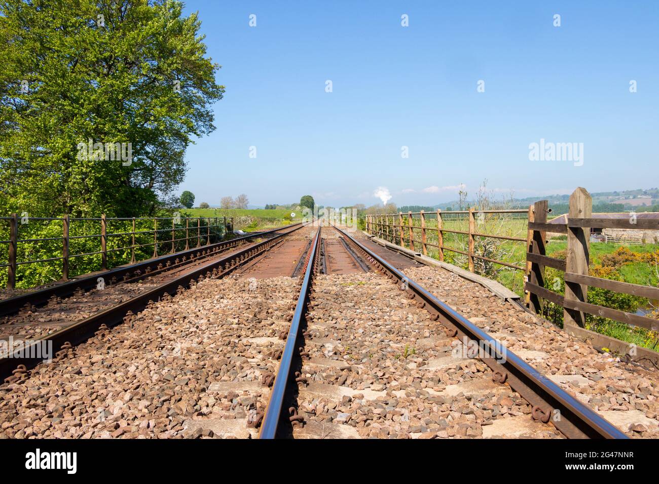 perspective view of converging railway lines of train tracks near ...