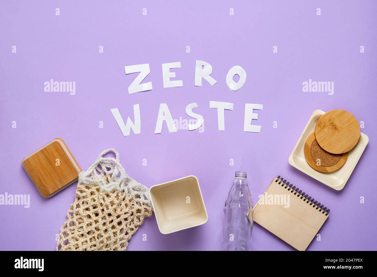 zero waste text letters flat lay with reusable organic things, clean ...