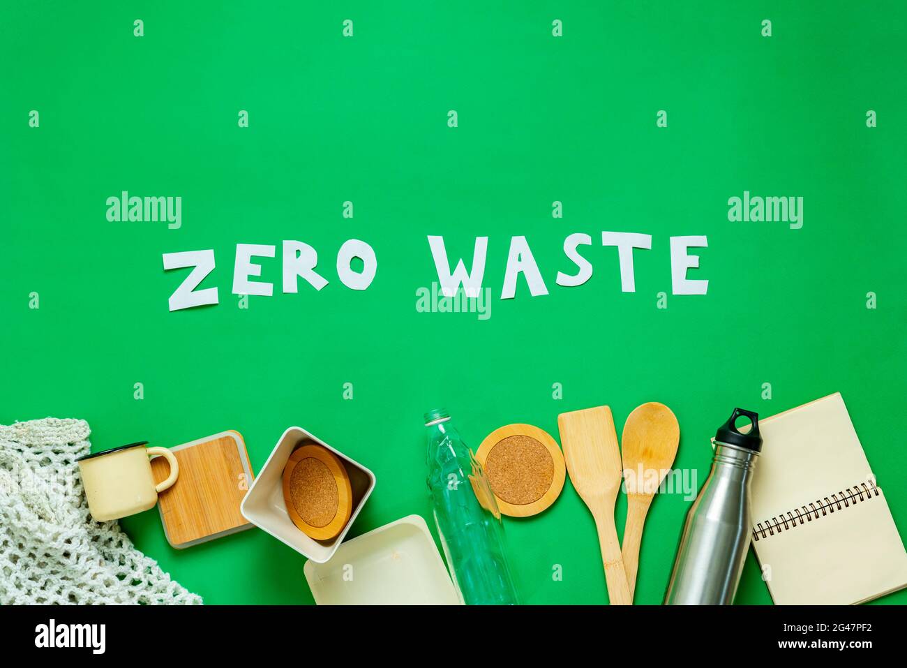 zero waste text letters flat lay with reusable organic things, clean ...