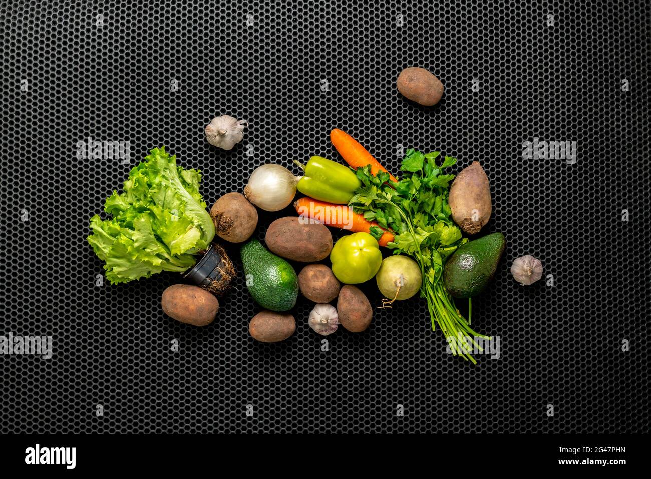 various flat lay grocery vegetables, fresh raw produce Stock Photo - Alamy
