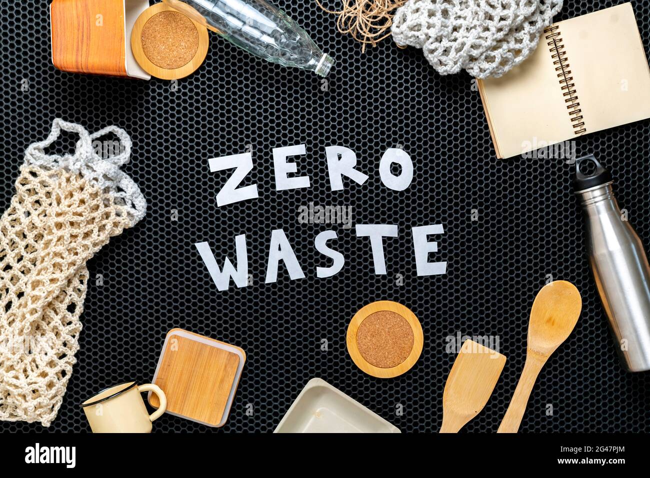 zero waste text letters flat lay with reusable organic things, clean ...