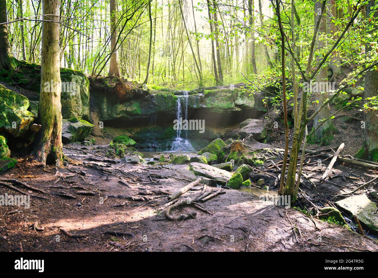 Natural view of a small waterfall flowing from the top of a rock with ...