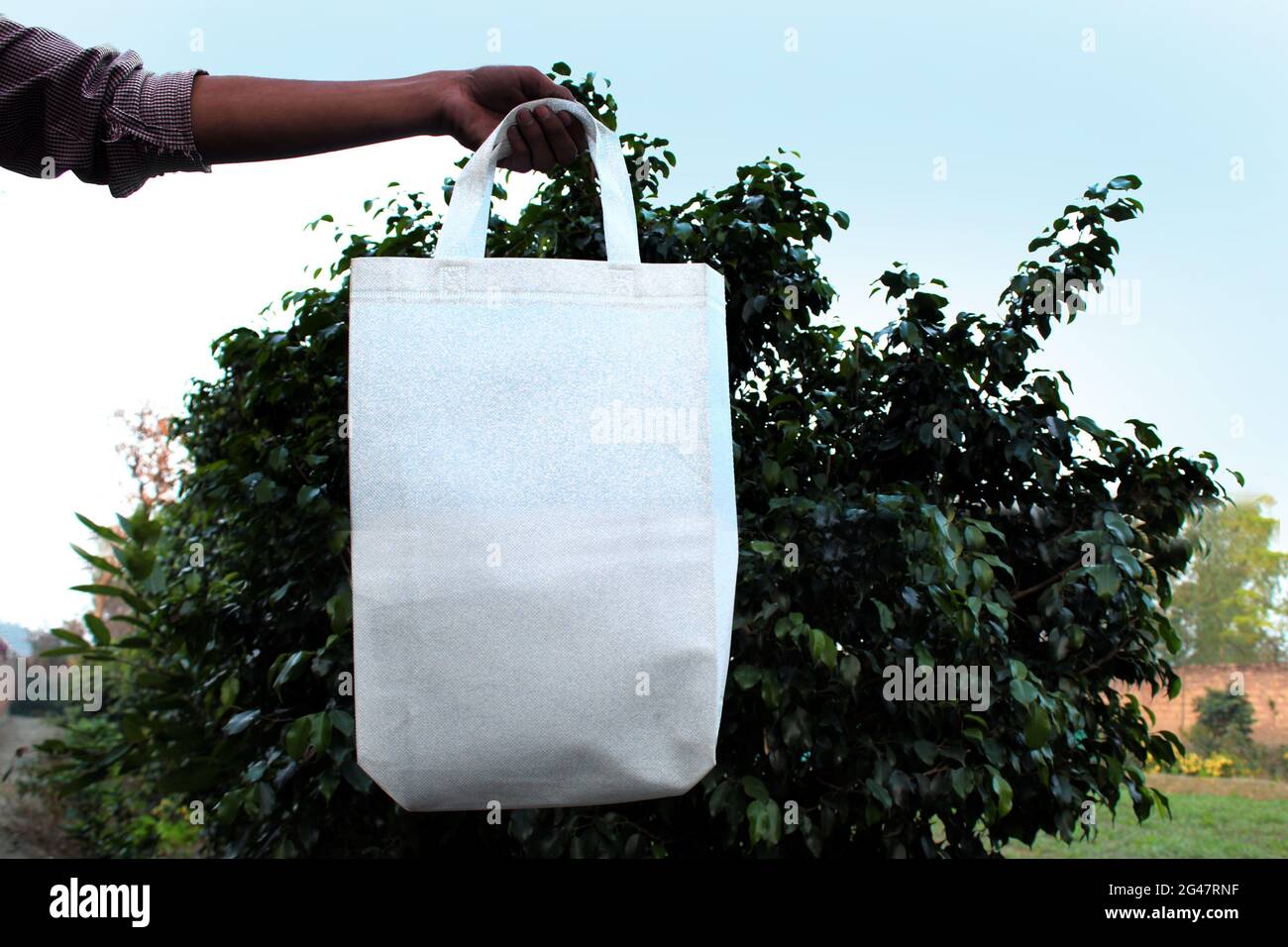 Hand holding a white eco bag in the background of a green shrub Stock ...