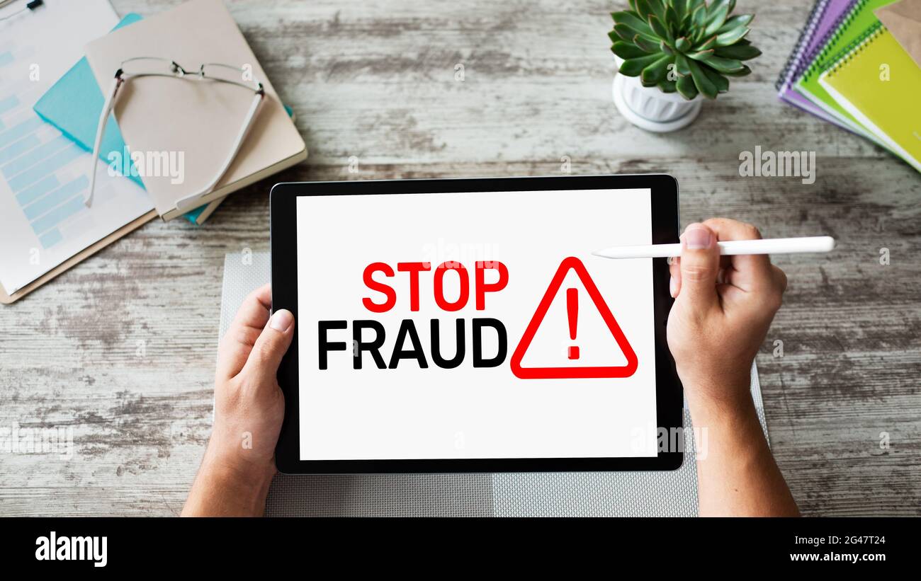 Stop Fraud banner on screen. Cybercrime and internet security concept ...