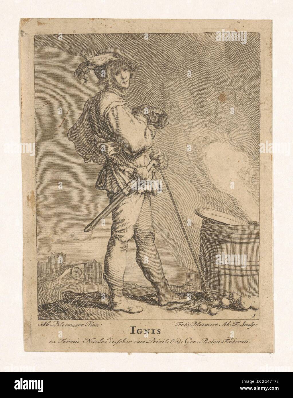 Fire; Ignis; The four elements. A soldier with saber stands in a ...