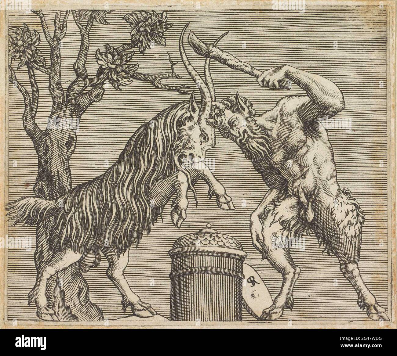 Sater and Ram in battle; Antique reliefs. A Sater and a ram in a fight ...