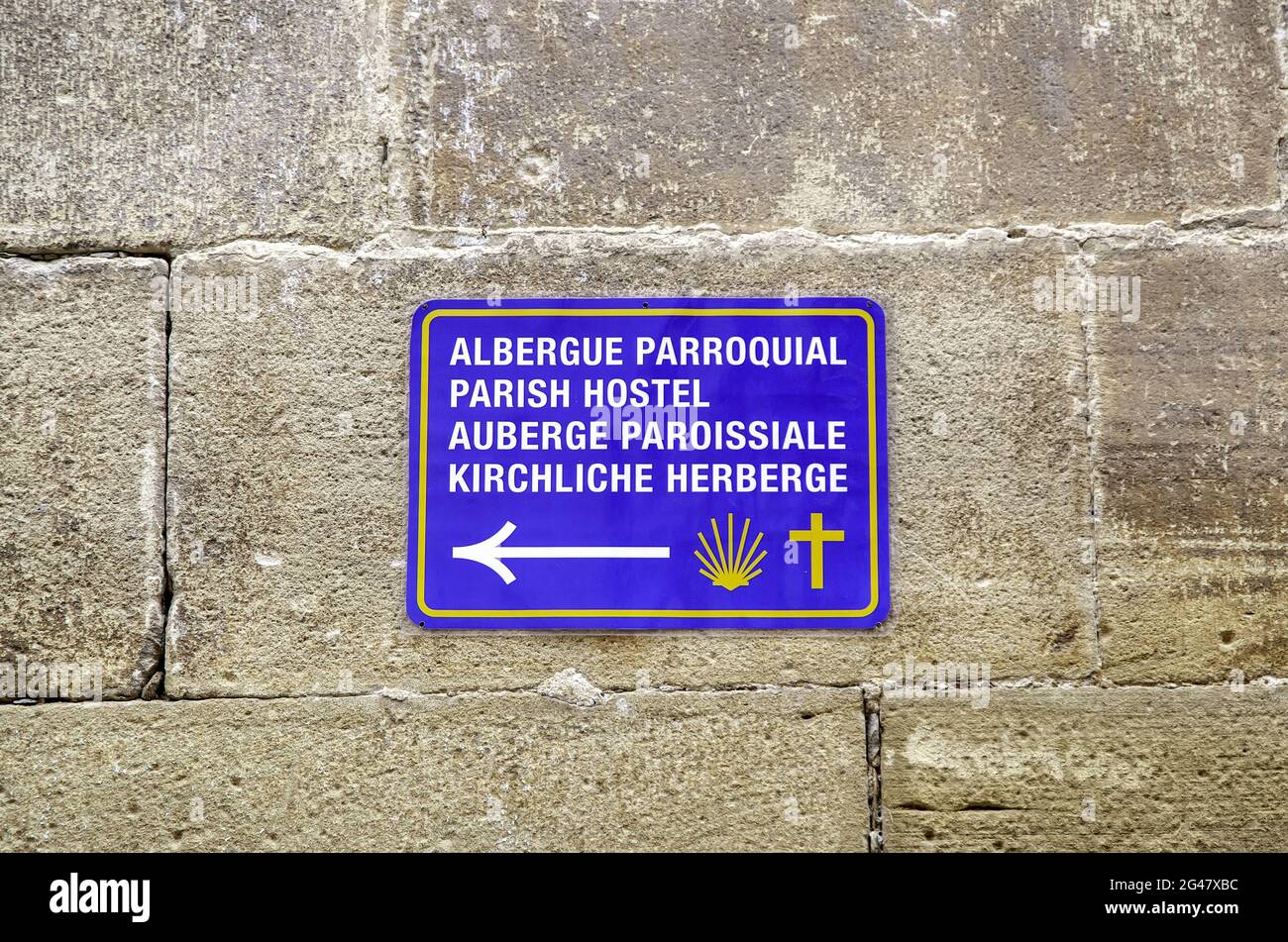 Detail of information sign in different languages for pilgrims on the ...