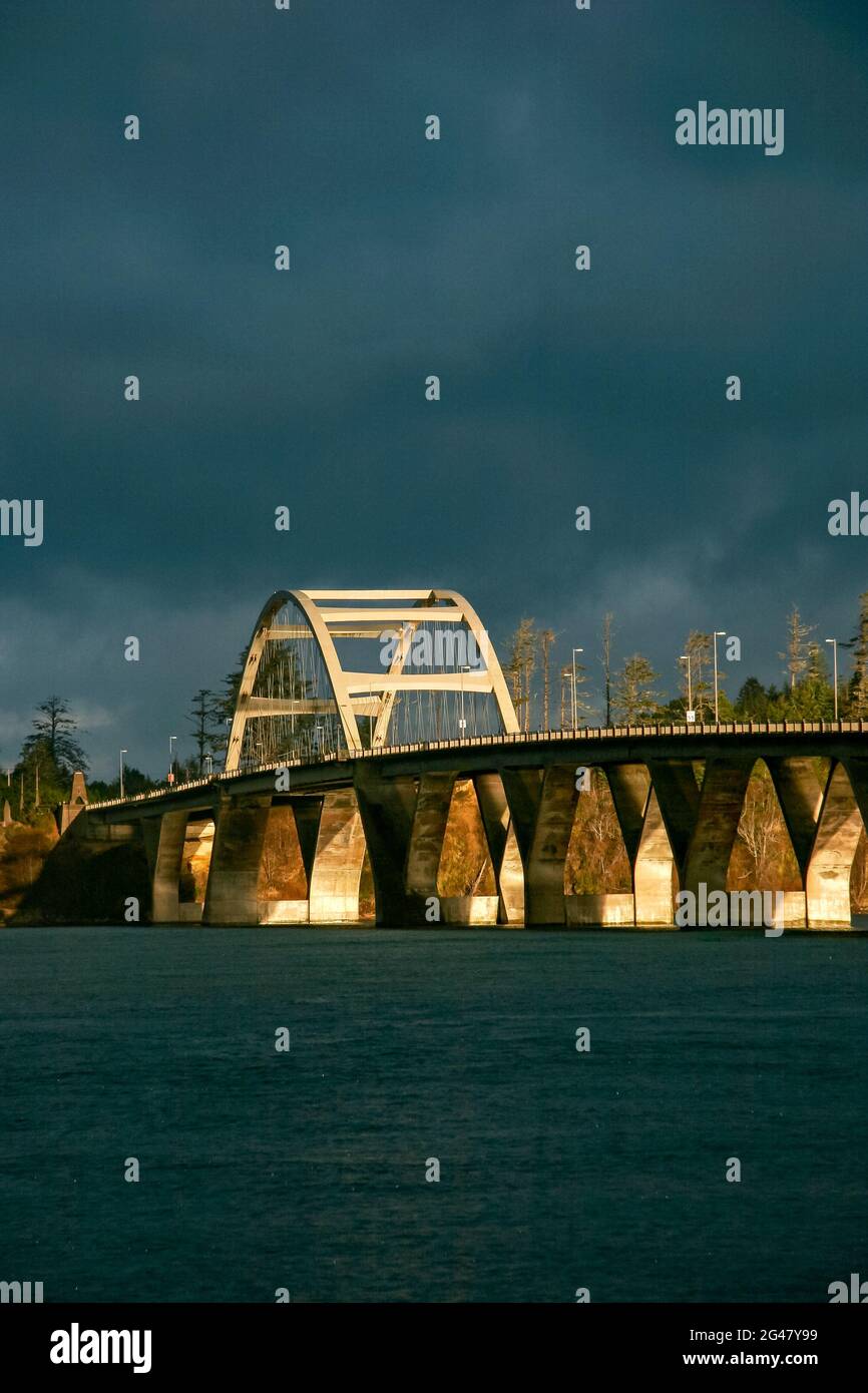 Alsea bay bridge spans the Alsea River at Waldport, Oregon. It is a ...