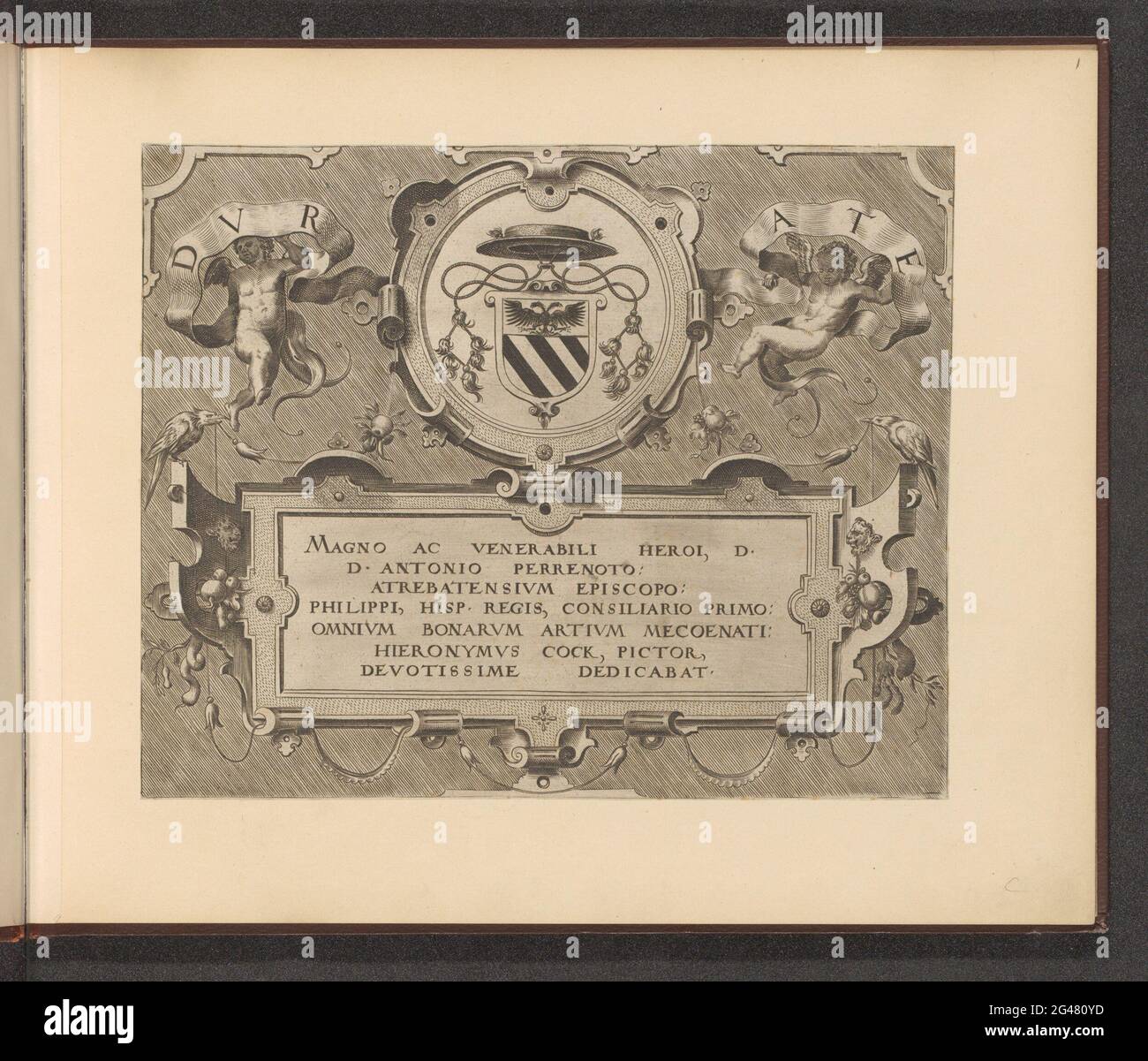 Double rolling cartouche with coat of arms of Antoine Perrenot ...