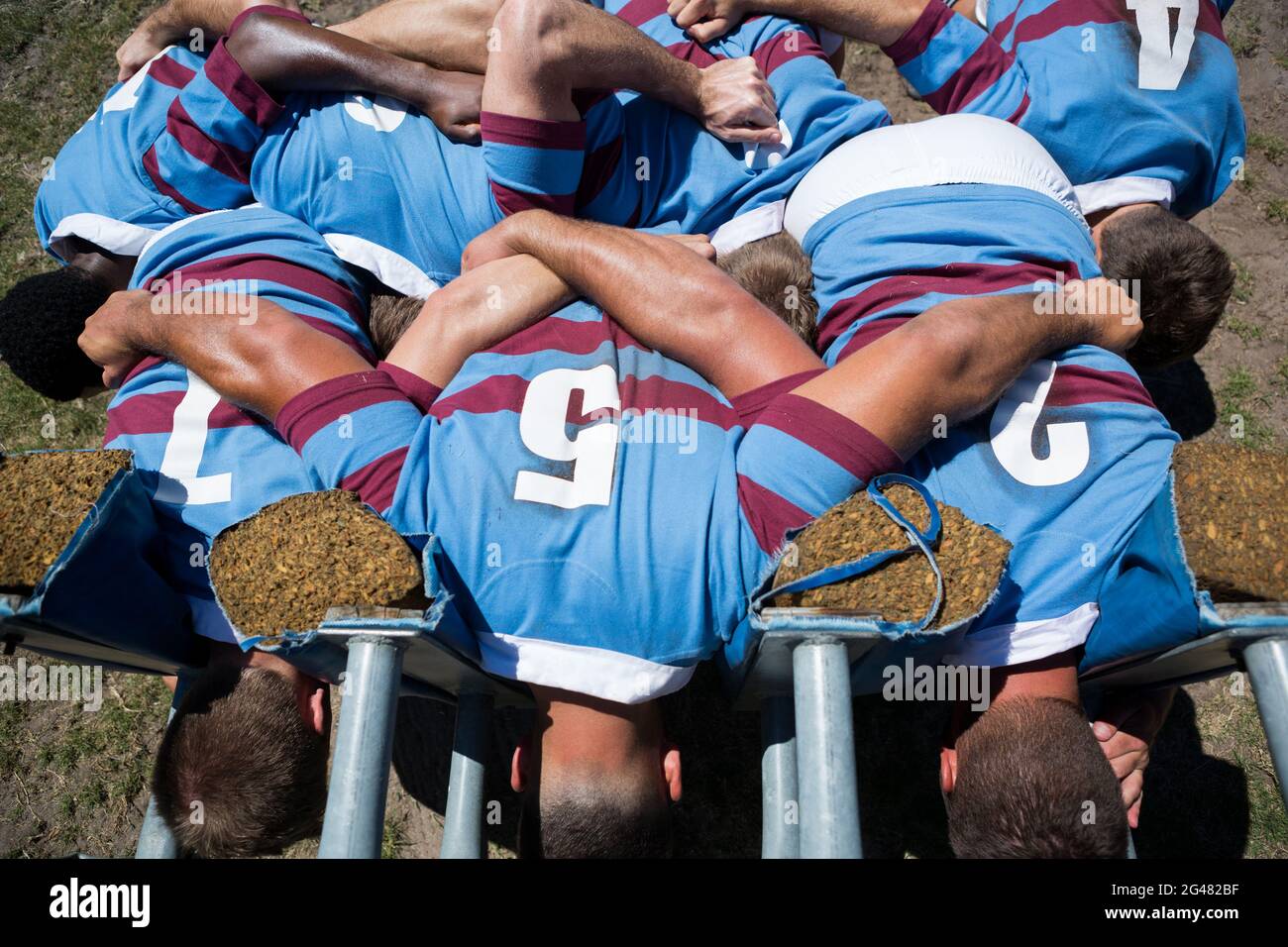 Overhead view of rugby players making huddle Stock Photo - Alamy