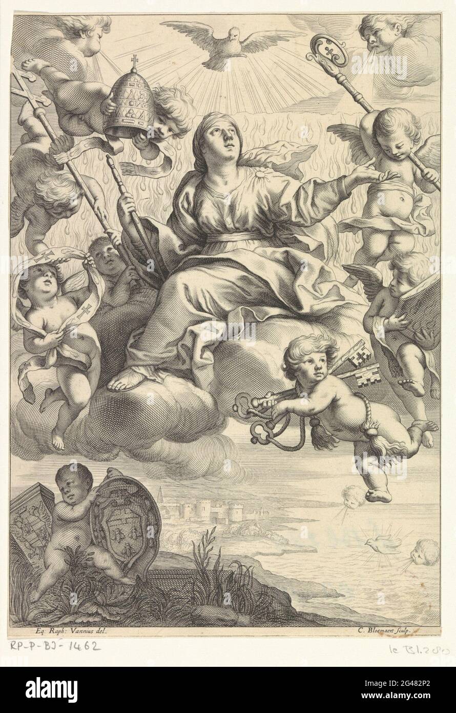 Allegory with the Holy Spirit. A woman is sitting on a cloud surrounded ...