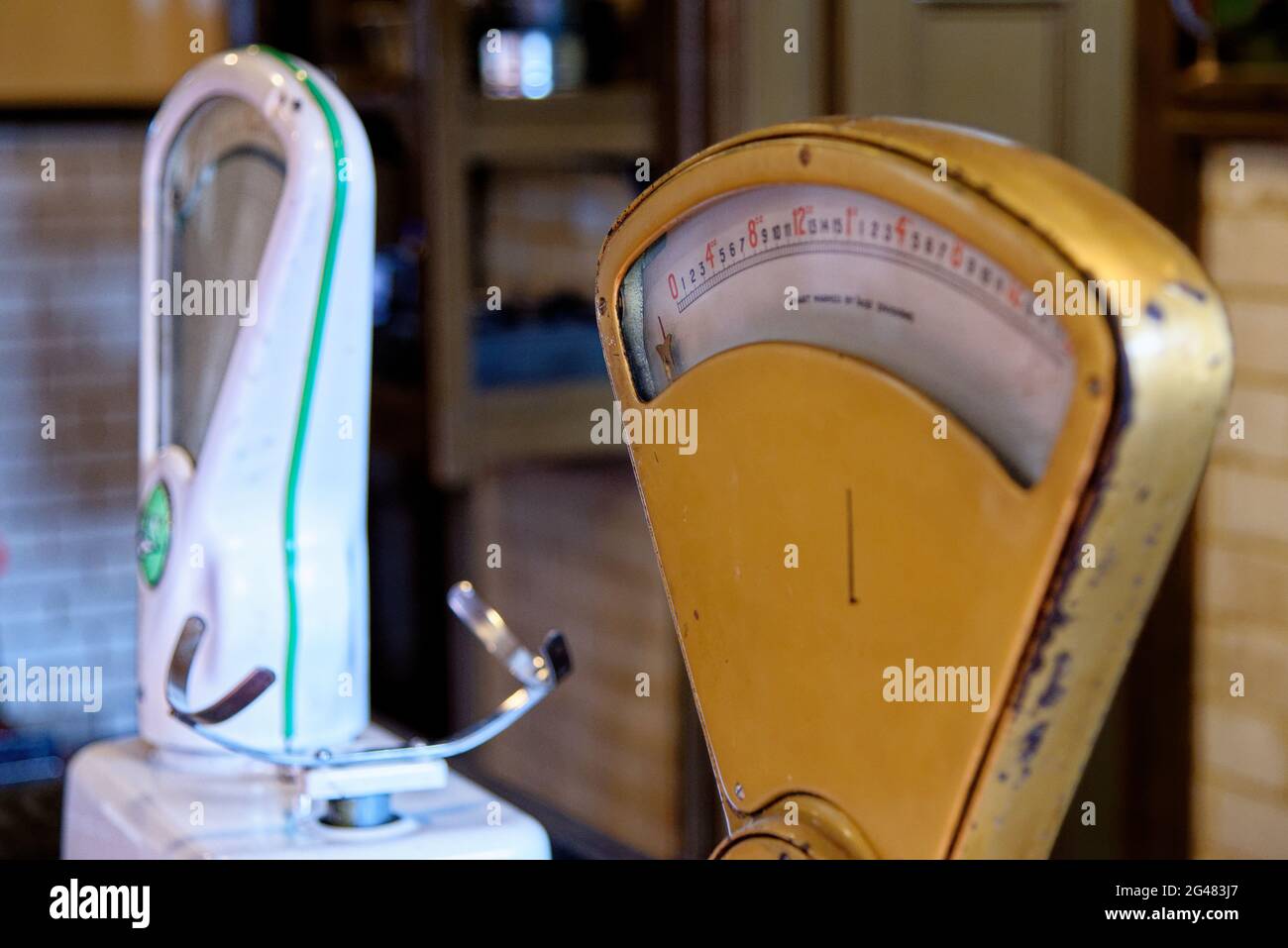 Antique vintage old weight scale in a shop in Beamish Village, Durham ...