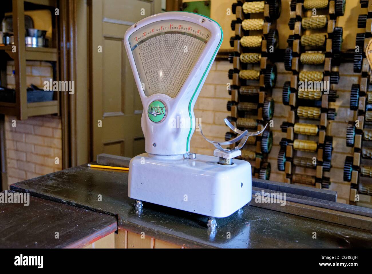 Antique vintage old weight scale in a shop in Beamish Village, Durham ...