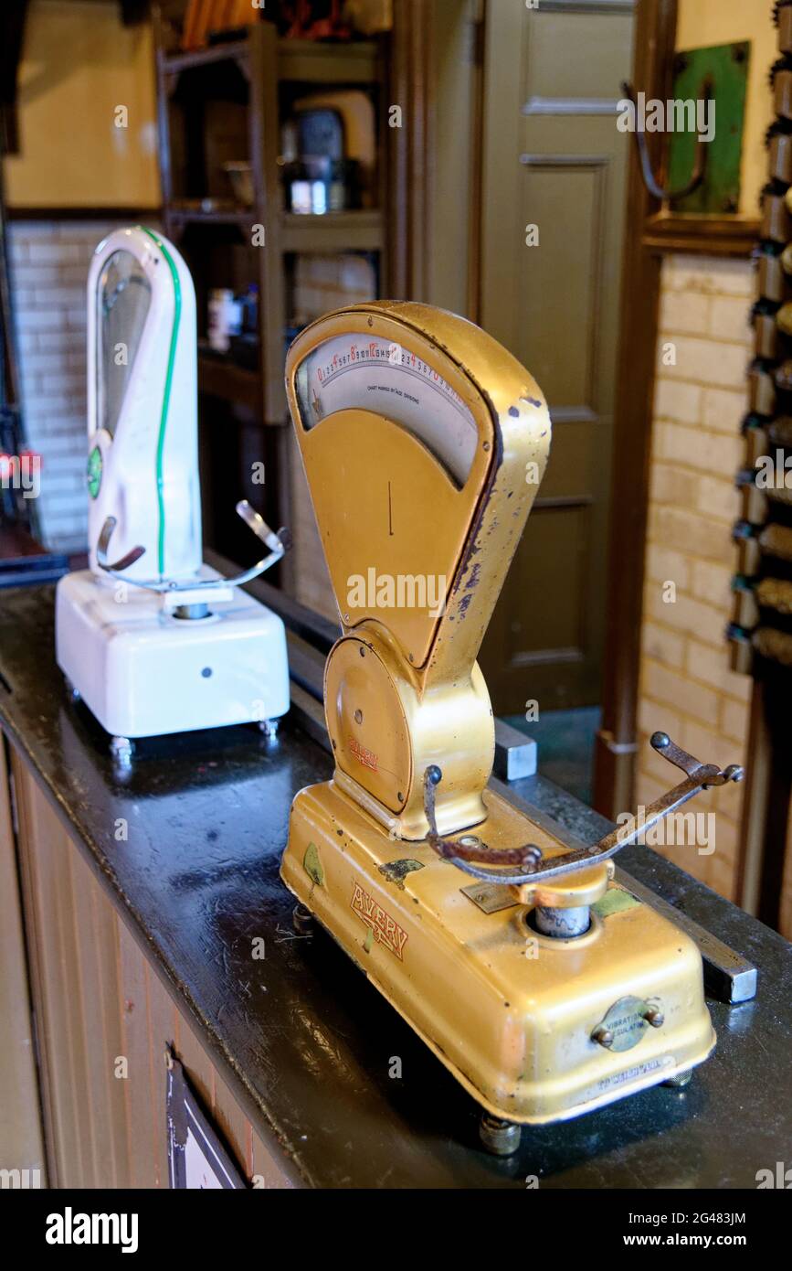 Antique vintage old weight scale in a shop in Beamish Village, Durham ...