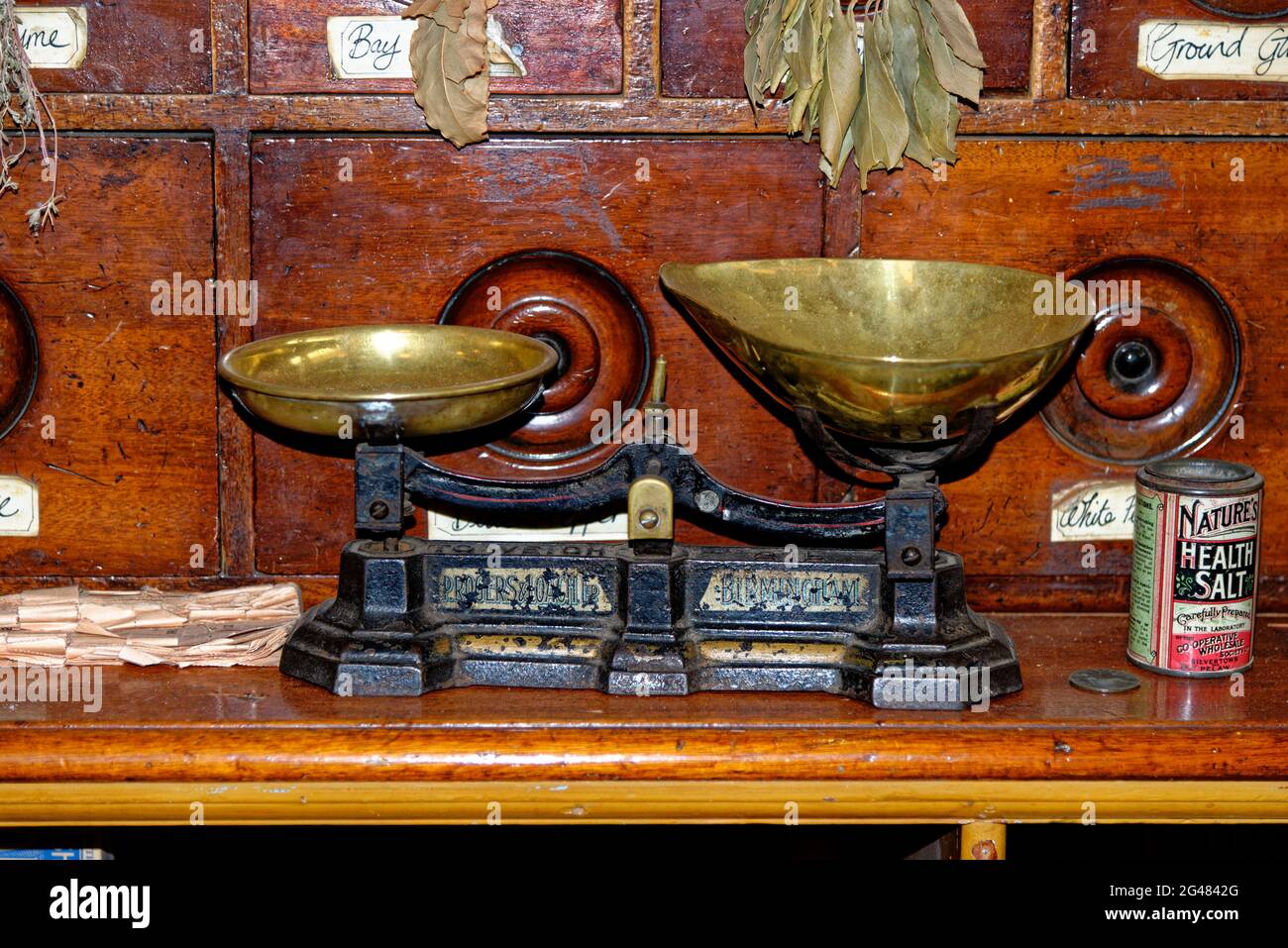 Antique vintage old weight scale in a shop in Beamish Village, Durham ...