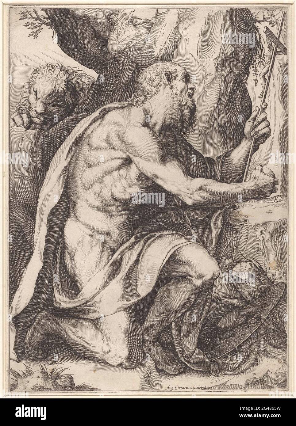 Saint Hieronymus. Saint Hieronymus kneeling in prayer with a crucifix ...