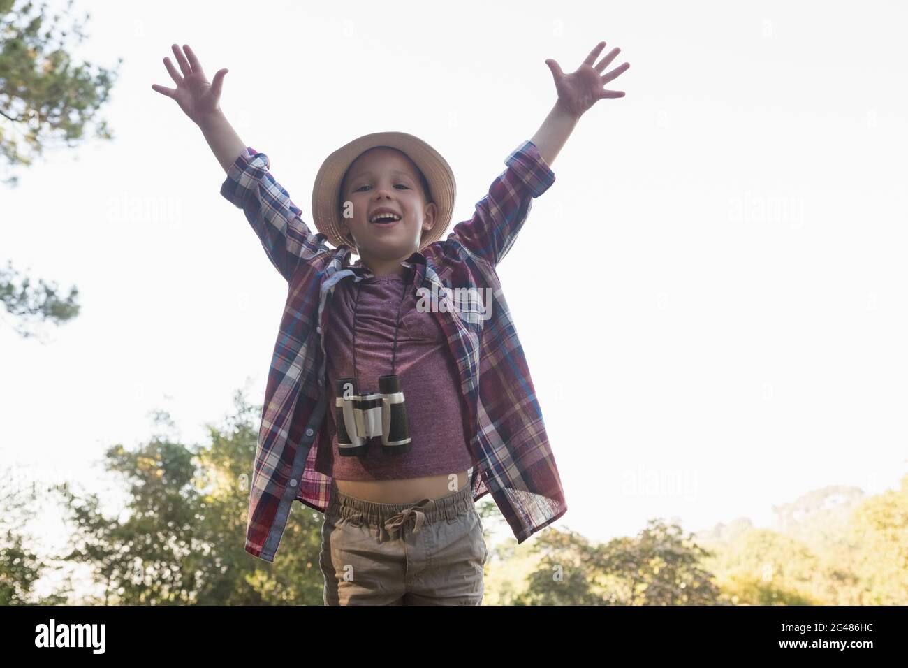 Excited boy standing with his arms spread Stock Photo - Alamy