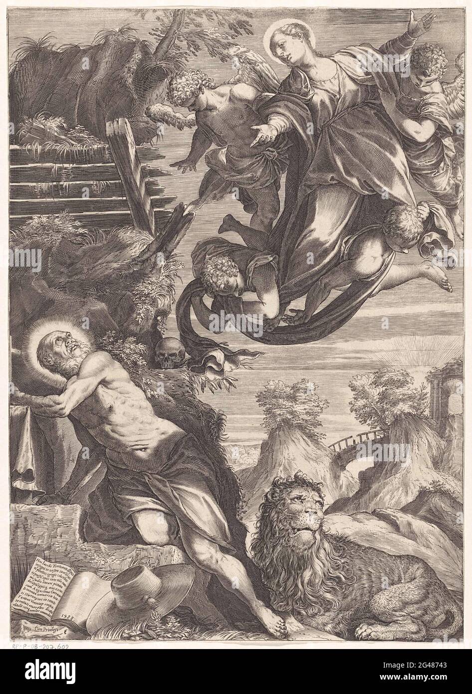Maria appears to the Holy Hieronymus. Saint Hieronymus scares his ...