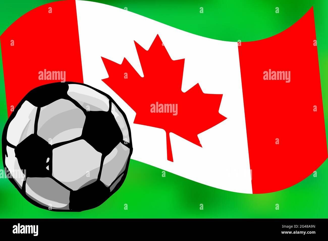 Canadian flag and soccer ball isolated on green background.National ...