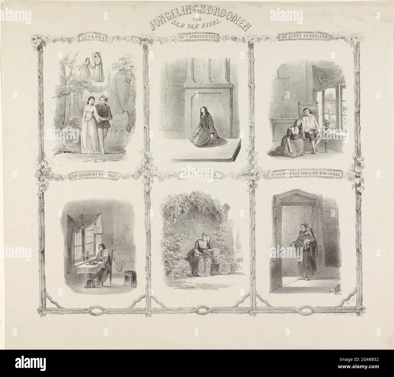 Leaf from Utrecht student almanac, 1856; Young people from Beers ...