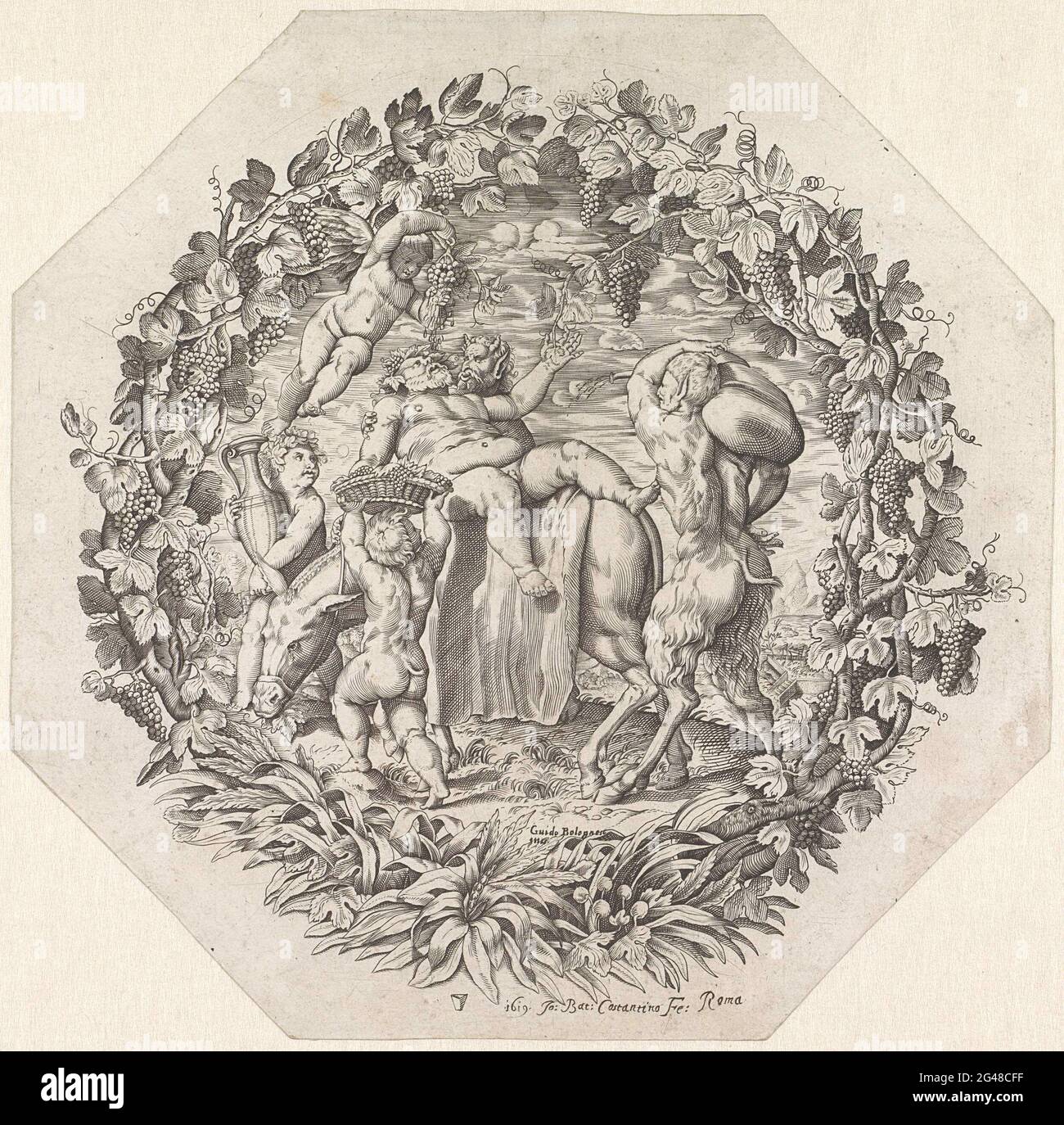 Bacchanaal with Drunk Silenus. Dishes decoration with a drunk sil's ...