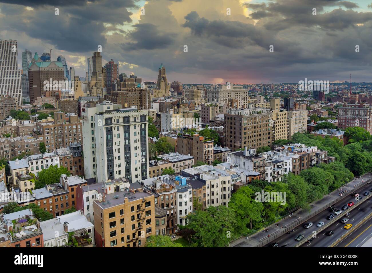 Aerial fly over of Brooklyn rooftops with beautiful Brooklyn apartments ...