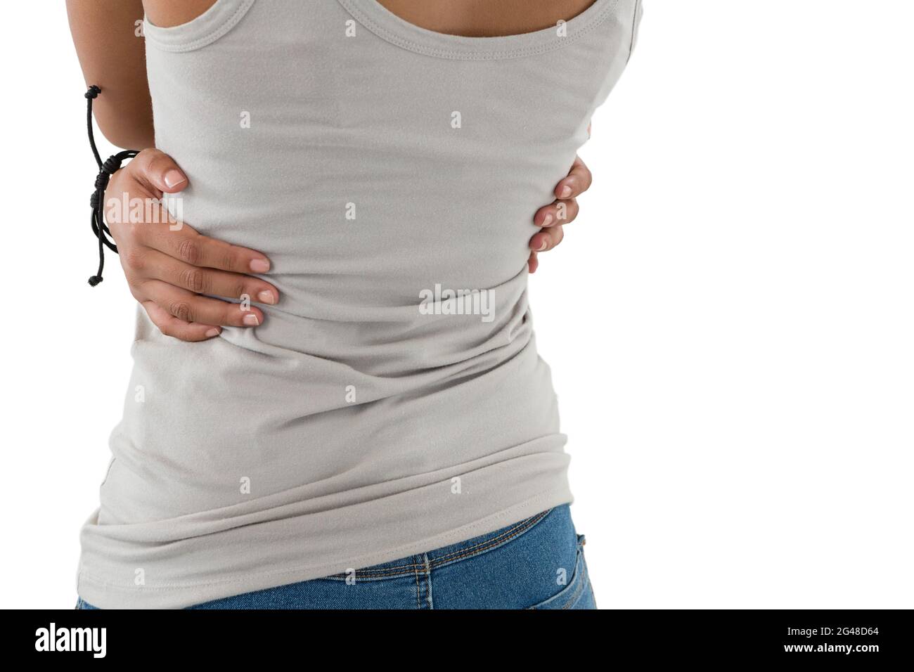 Mid section of woman hugging self Stock Photo - Alamy